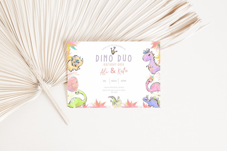 Double Birthday Party Invitation Dinosaur, Invite, Twins Dino, Sibling ...