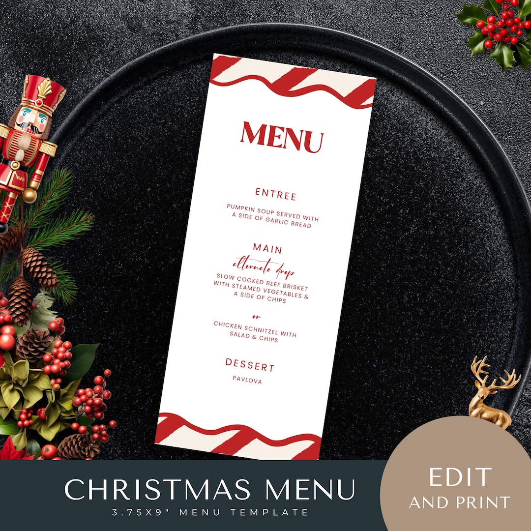 Christmas Menu Template Canva, Wavy Border, Holiday, Editable, Diy ...