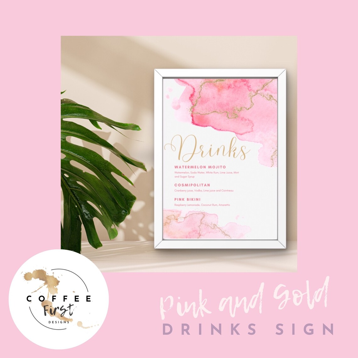 PINK DRINKS MENU, Pink and Gold, Milestone, 30th Birthday, Party ...