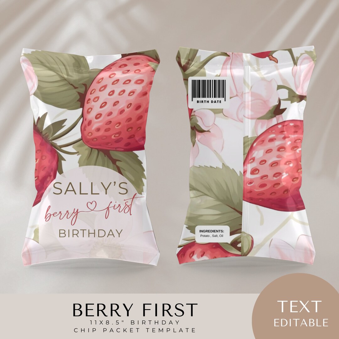Berry First Birthday Chip Packet, Treat Wrapper, Bag, Label, Fruit Farm ...