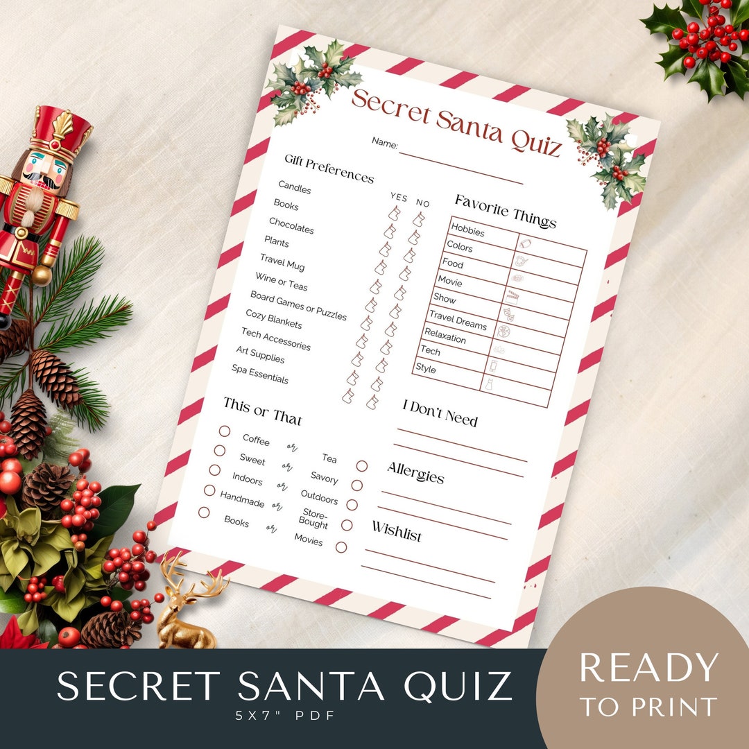 SECRET SANTA QUIZ, Christmas Printable, Questionnaire, Editable Template, Kris Kringle, Xmas ...
