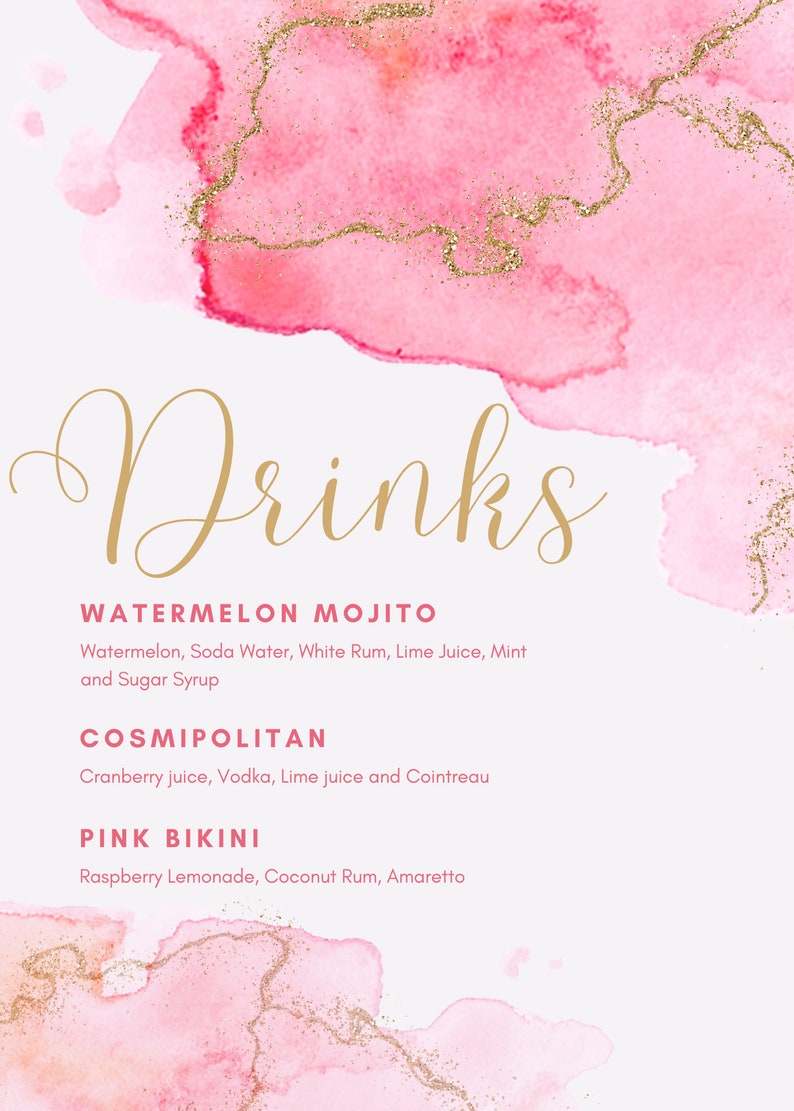 PINK DRINKS MENU, Pink and Gold, Milestone, 30th Birthday, Party ...