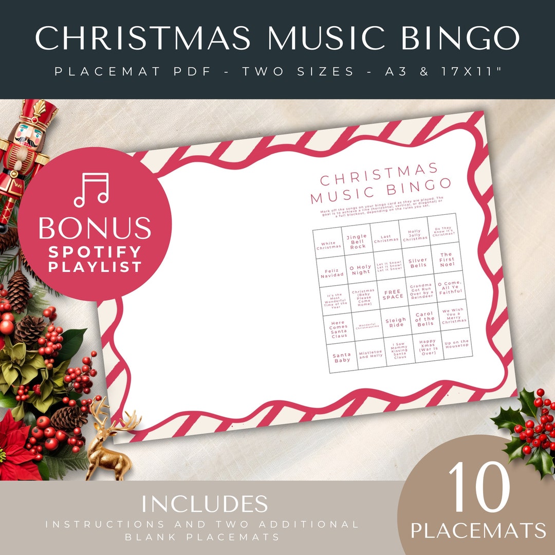 Christmas Songs Bingo, Placemat, Best Xmas Songs Bingo With Playlist ...