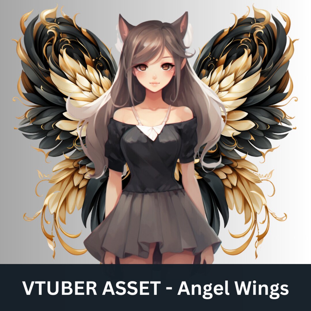 Vtuber Asset Black Angel Wings Golden Vtube Watercolor Angelic Feathers ...