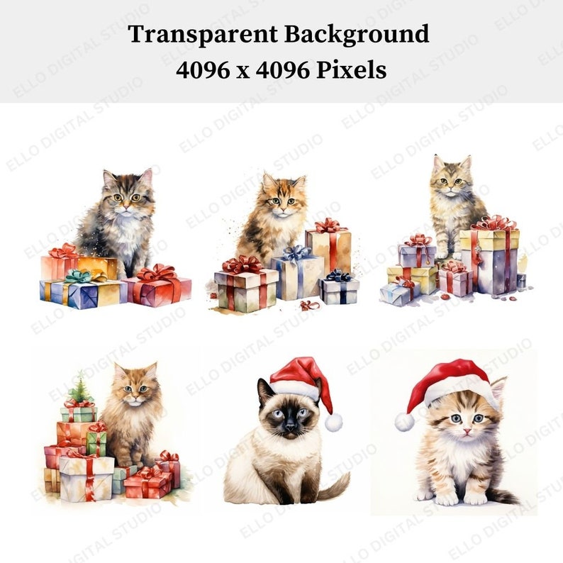 Christmas Cats Watercolor Clipart Bundle 30 PNG Festive Cat Kitten ...