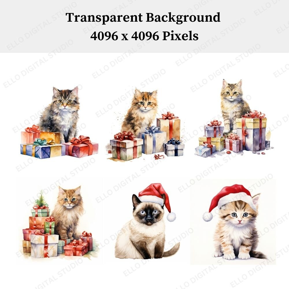 Christmas Cats Watercolor Clipart Bundle 30 PNG Festive Cat Kitten ...