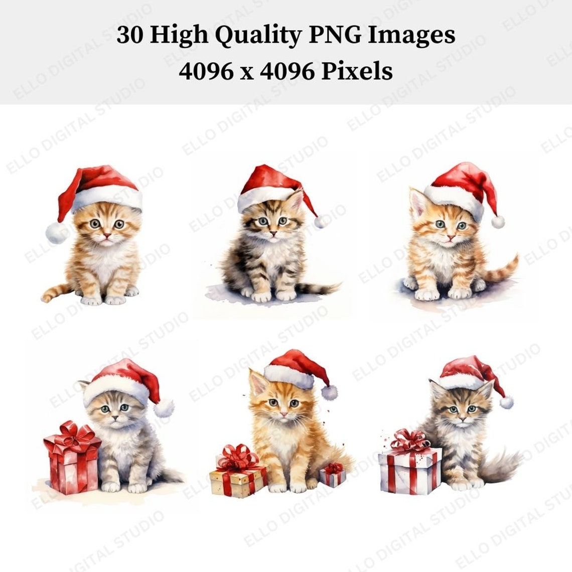 Christmas Cats Watercolor Clipart Bundle 30 PNG Festive Cat Kitten ...