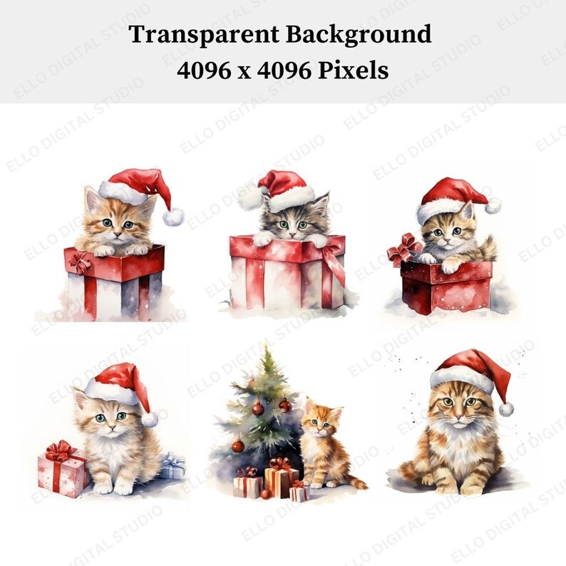 Christmas Cats Watercolor Clipart Bundle 30 PNG Festive Cat Kitten ...