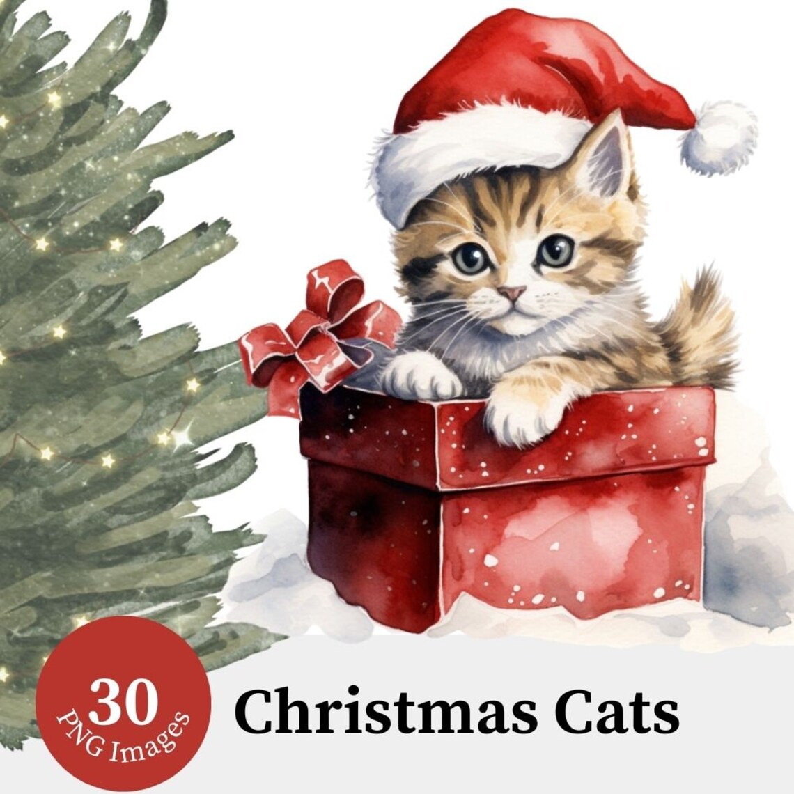 Christmas Cats Watercolor Clipart Bundle 30 PNG Festive Cat Kitten ...