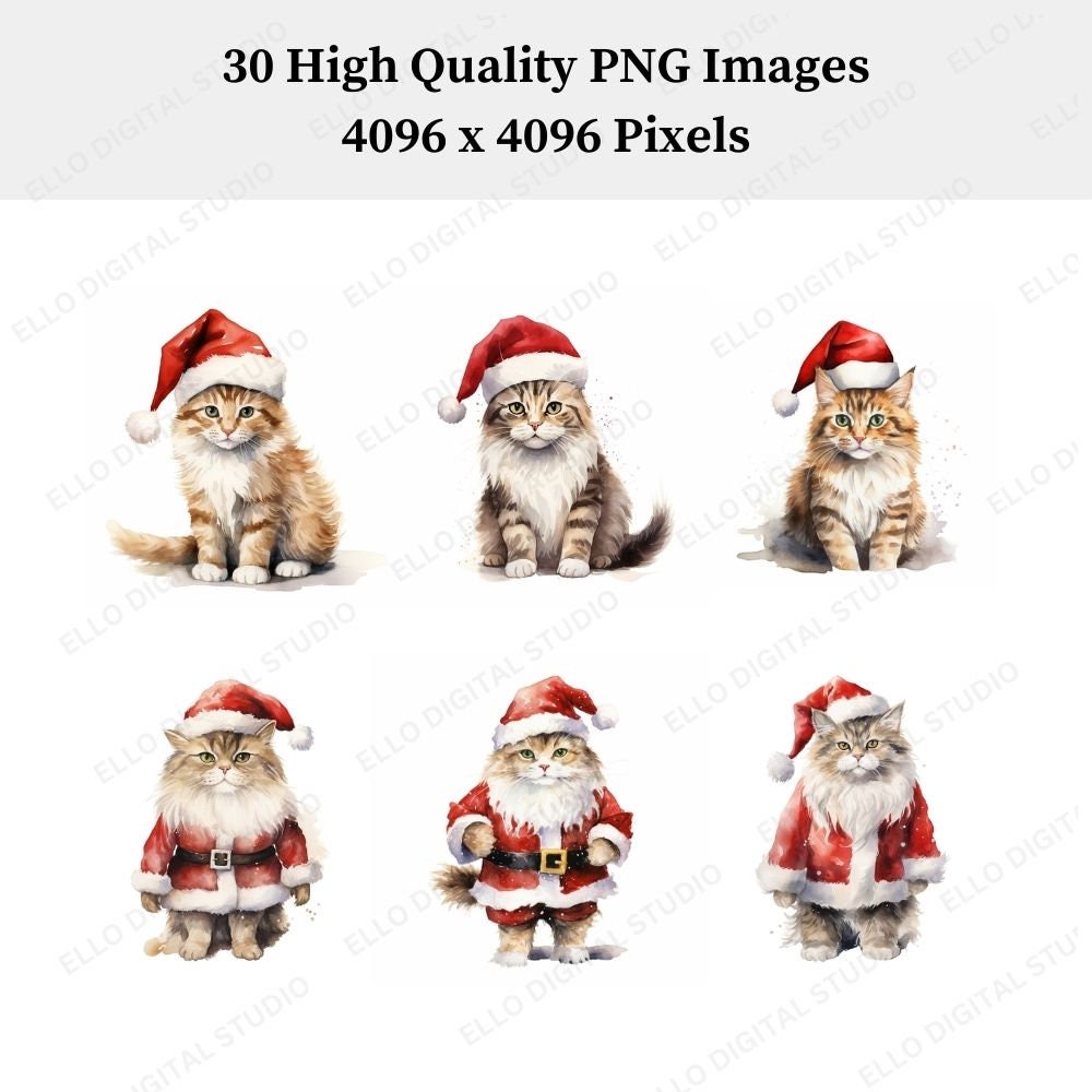 Christmas Cats Watercolor Clipart Bundle 30 PNG Festive Cat Kitten ...