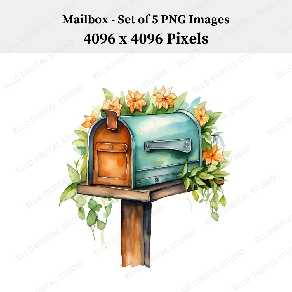 Mailbox Watercolor Clipart Bundle 5 PNG Images Postage Mail Floral ...