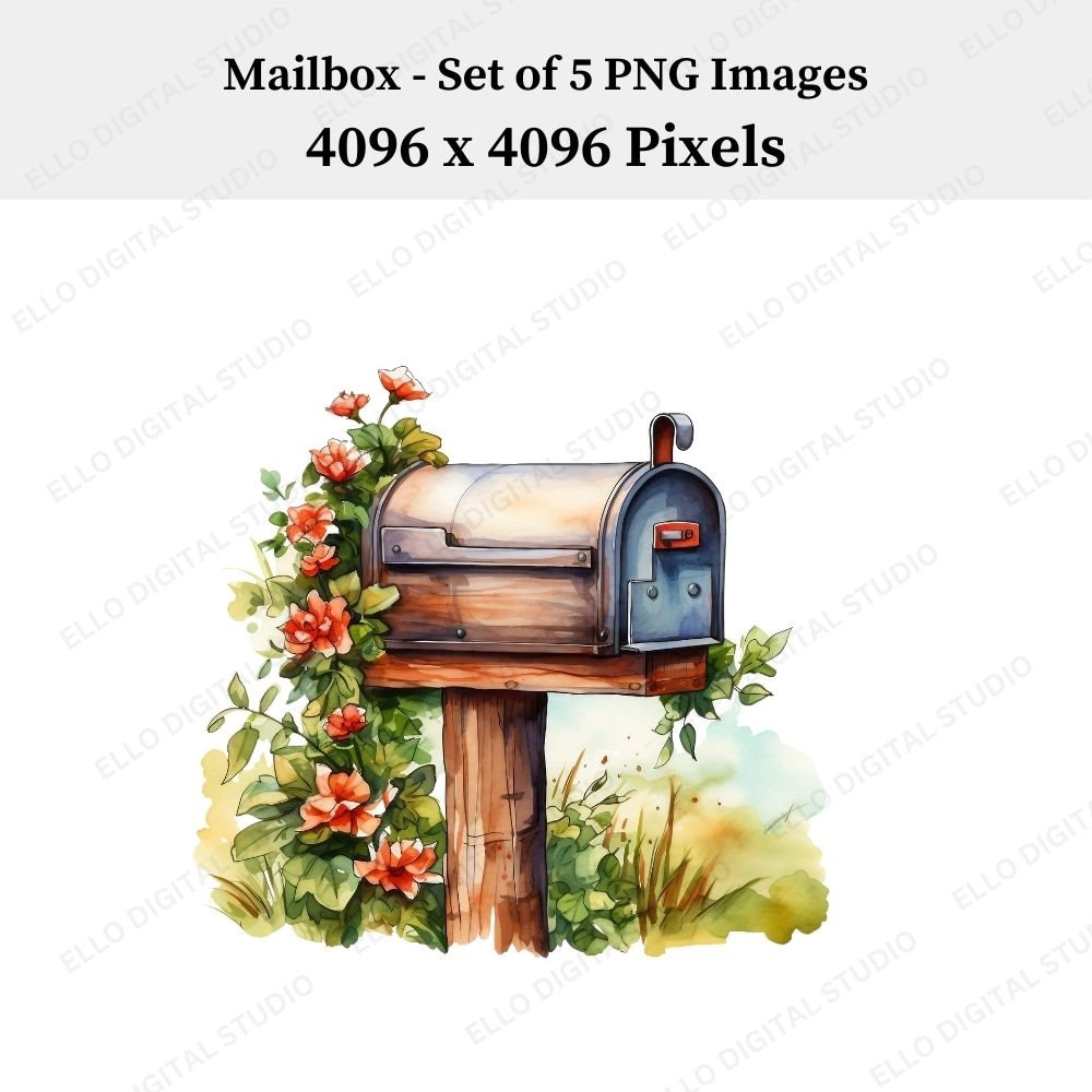 Mailbox Watercolor Clipart Bundle 5 PNG Images Postage Mail Floral ...