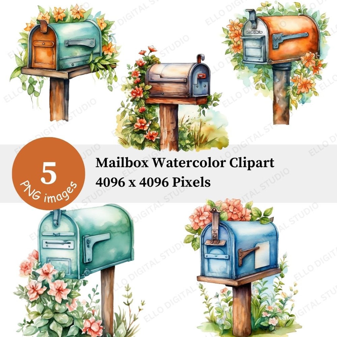 Mailbox Watercolor Clipart Bundle 5 PNG Images Postage Mail Floral ...