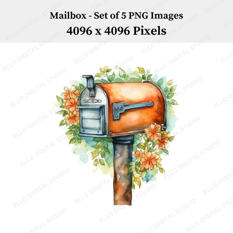 Mailbox Watercolor Clipart Bundle 5 PNG Images Postage Mail Floral ...