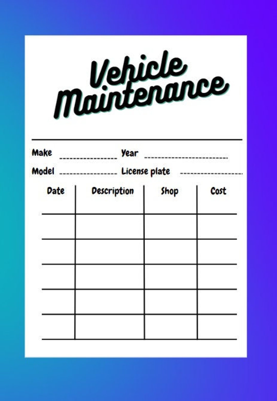 Vehicle Maintenance Log Book Vehicle Service Tracker Vehicle - Etsy