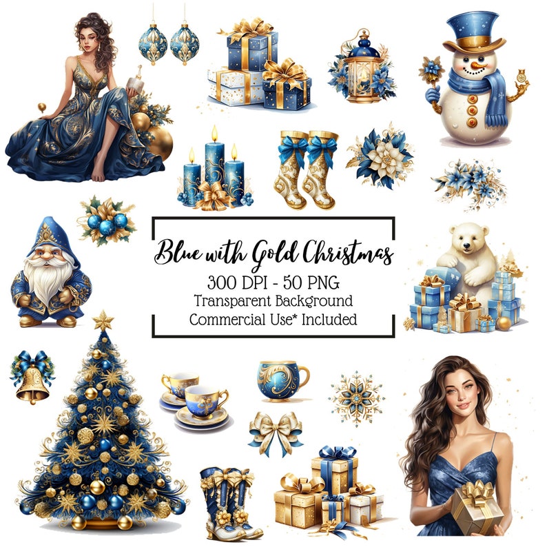 Blue and Gold Christmas Clipart Collection, Blue Christmas 50 PNG ...