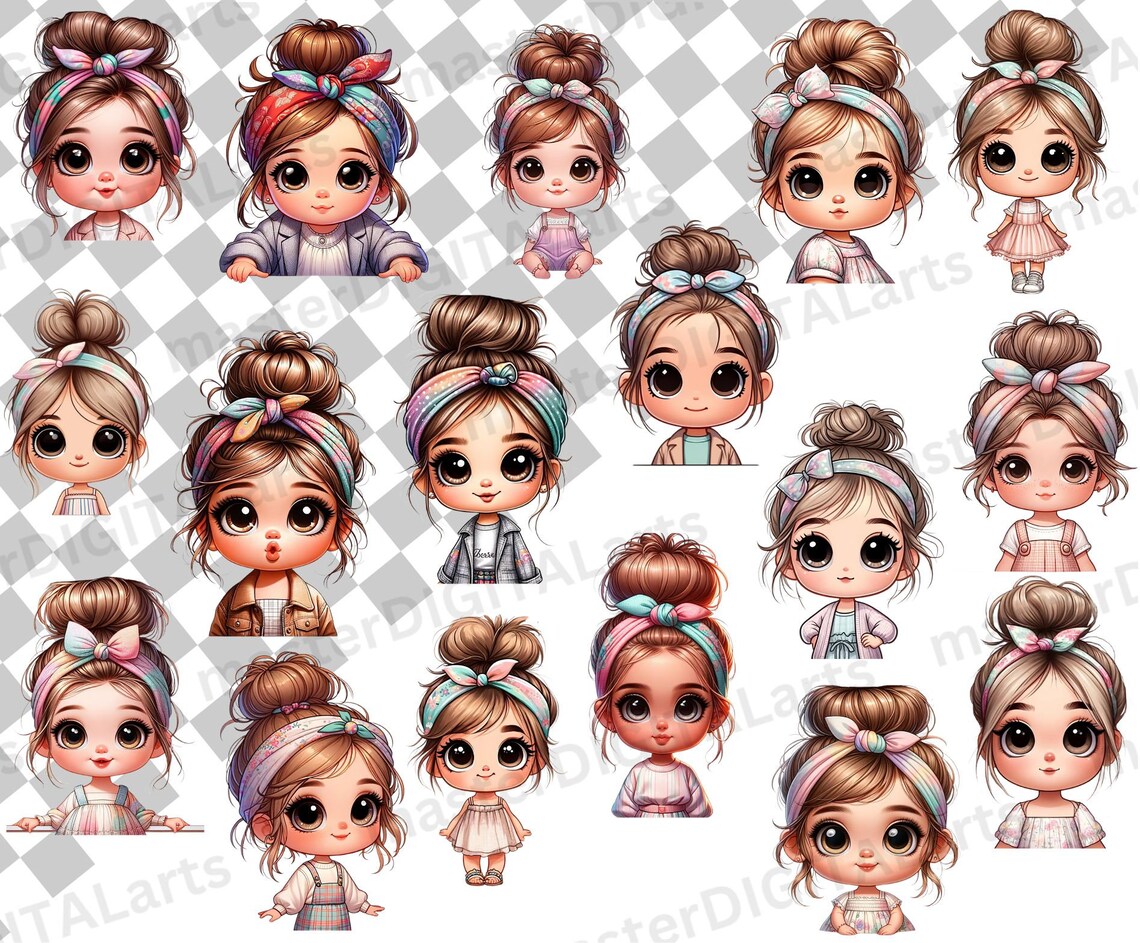 Cute Baby Girl in Messy Bun Clipart, Baby Clip Art Illustration ...