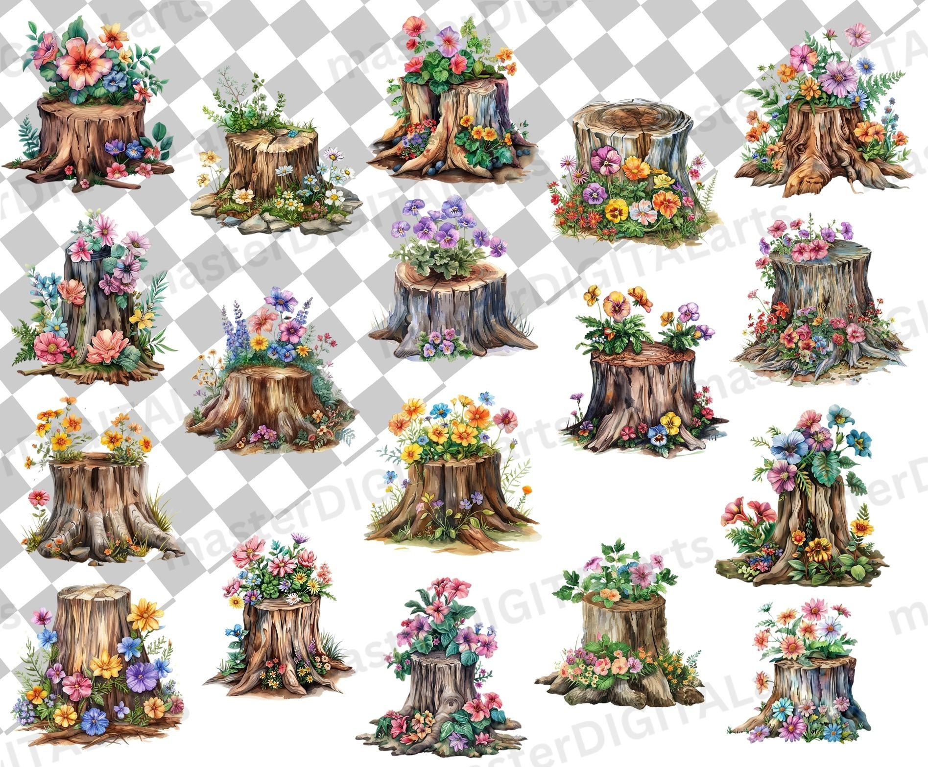 Tree Stump Flower Planter Clipart PNG Digital Download, Cottage Core ...