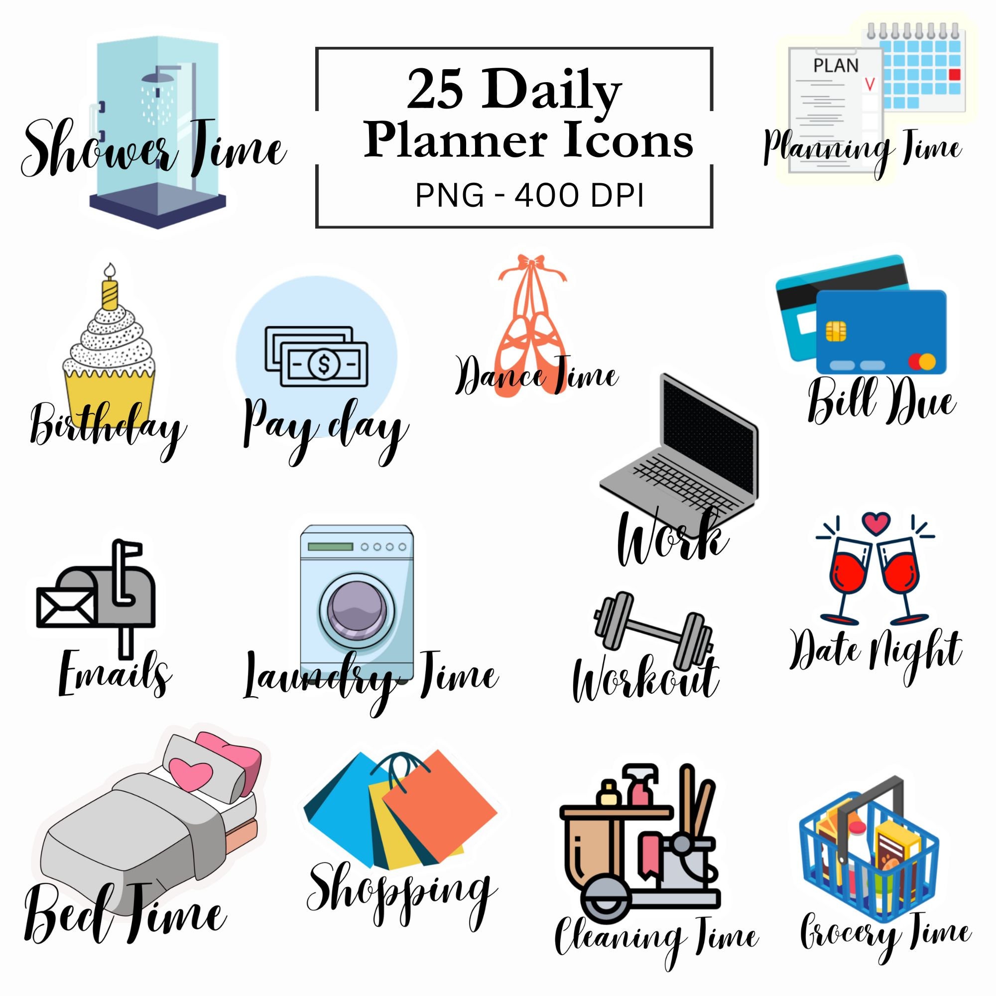 25 Daily Planner Icons, Printable Clipart, to Do List, 400 DPI for ...