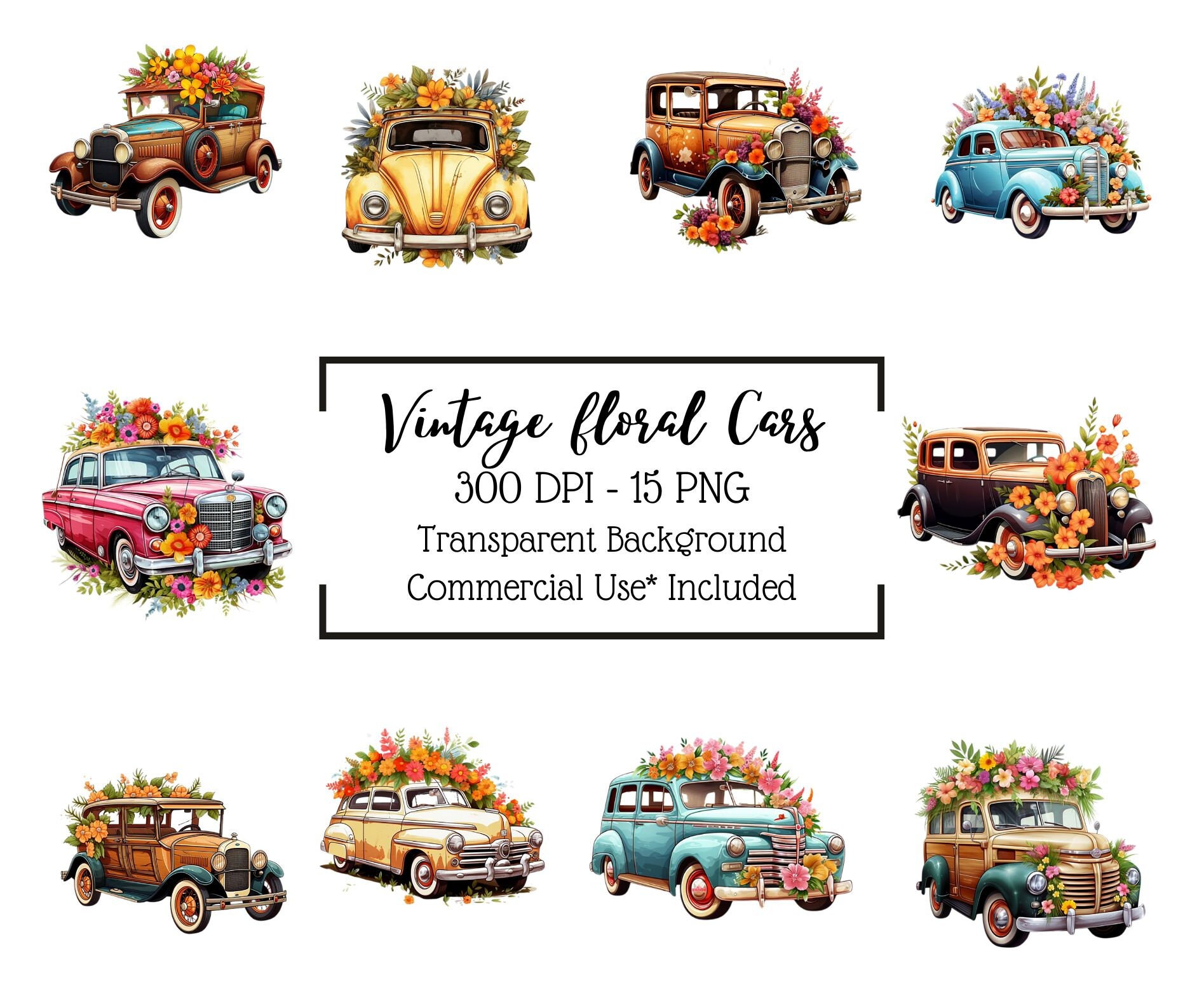Floral Vintage Car Clipart Bundle, Vintage Car Graphics, Watercolor ...