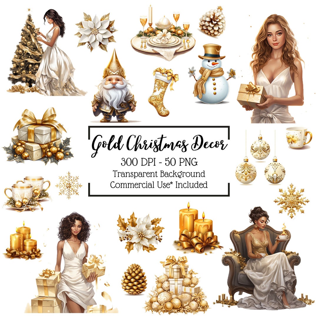 Gold Christmas Clipart Graphics Bundle, 50 Png Digital Download for ...