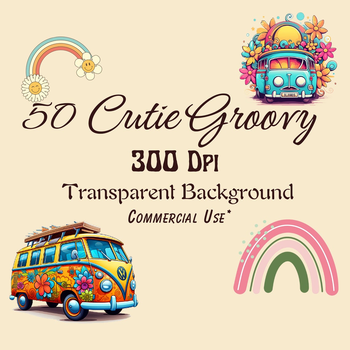 Groovy Clipart Bundle, Groovy Png Design, Retro, Hippie, Flower Power ...