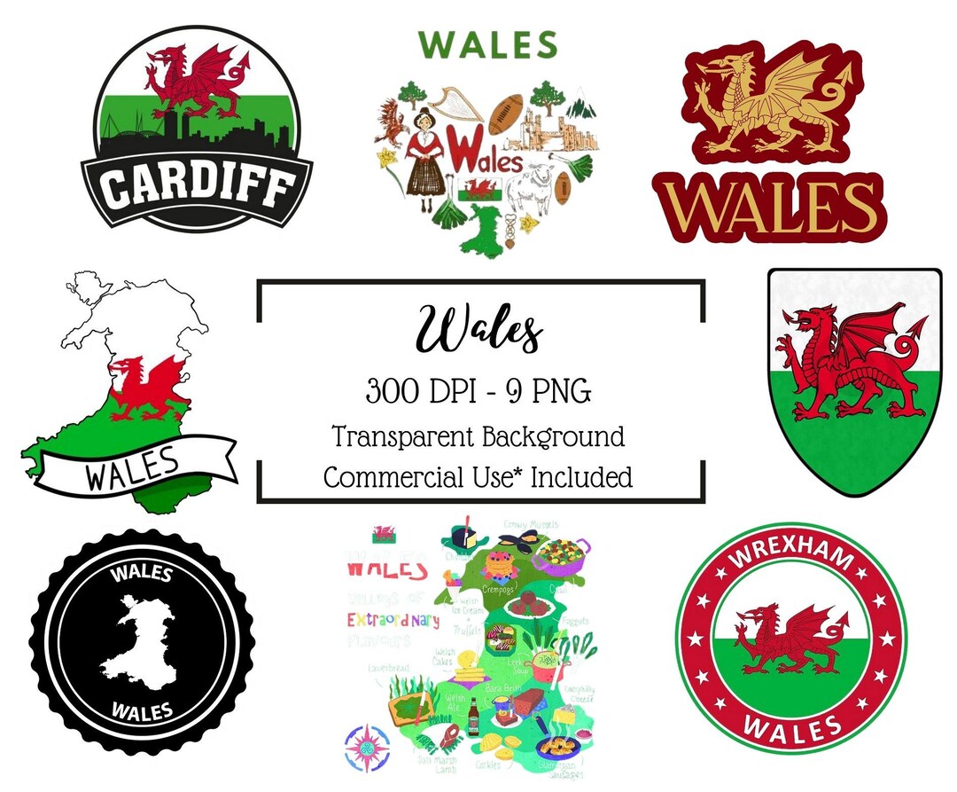 Wales Clipart Bundle - 9 PNG Transparent Backgrounds - Welsh Flag ...