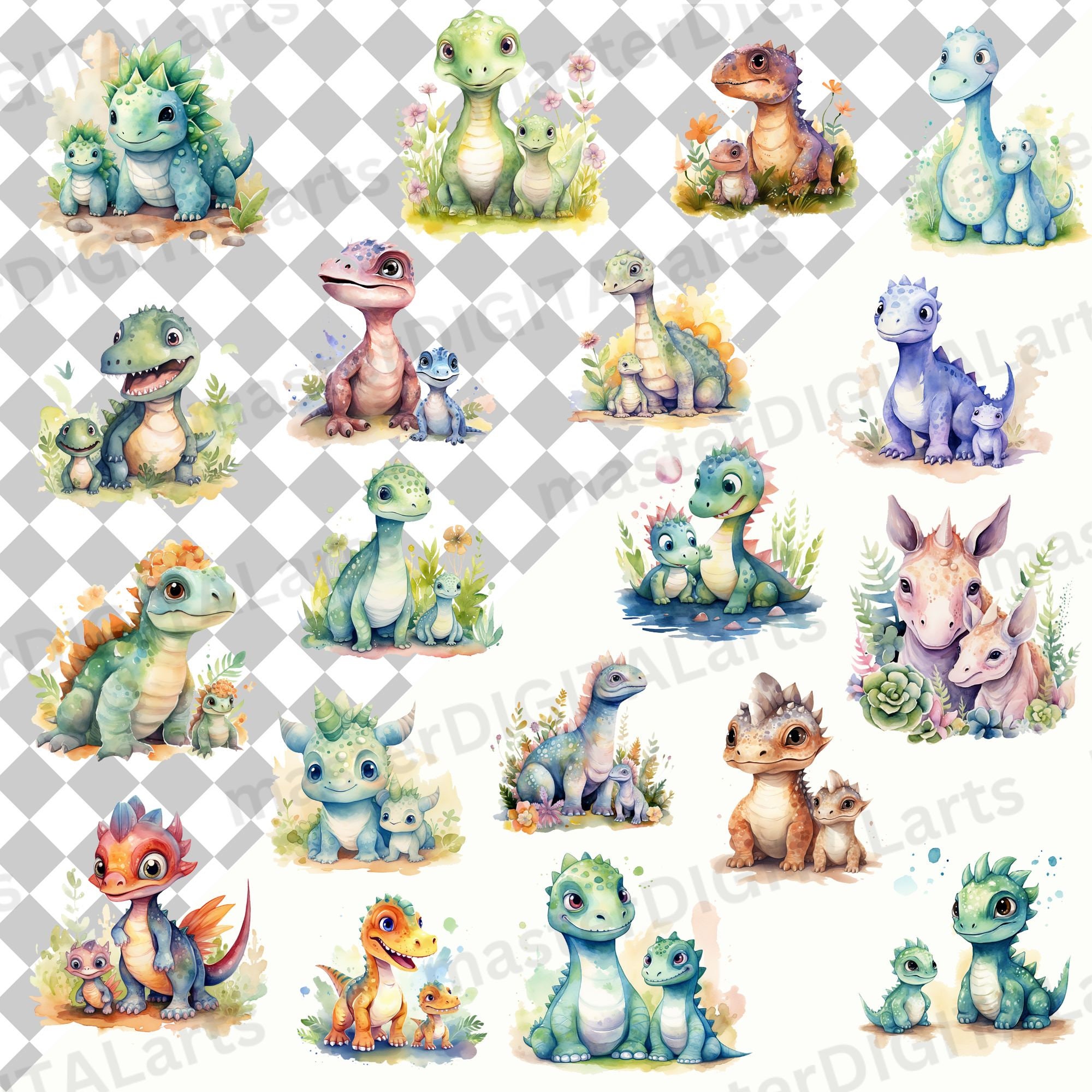 Watercolor Mother and Baby Dinosaurs Clipart Collection - Nursery ...