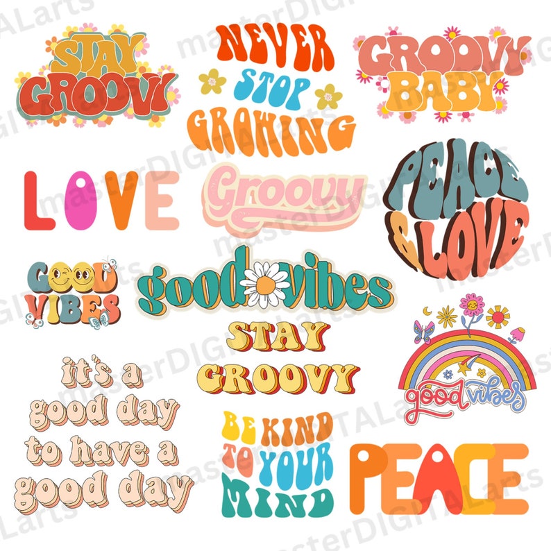 Groovy Clipart Bundle, Groovy Png Design, Retro, Hippie, Flower Power ...