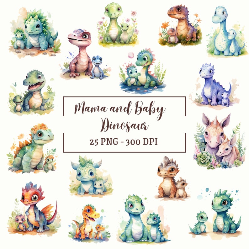 Watercolor Mother and Baby Dinosaurs Clipart Collection - Nursery ...