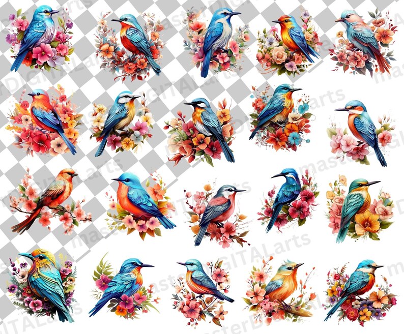 Floral Birds Clipart, Blue Cute Birds With Flowers and Leaves in PNG ...