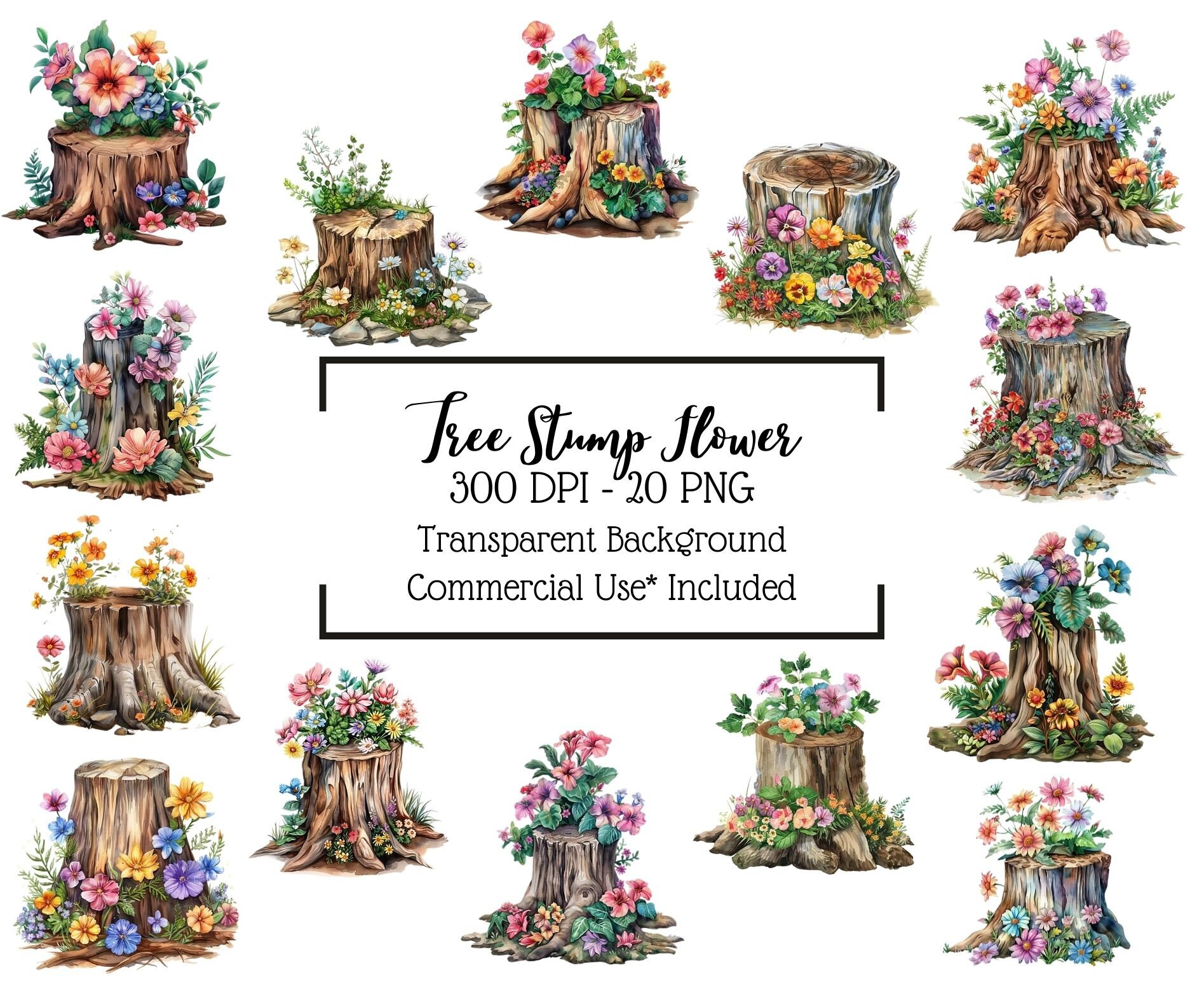 Tree Stump Flower Planter Clipart PNG Digital Download, Cottage Core ...