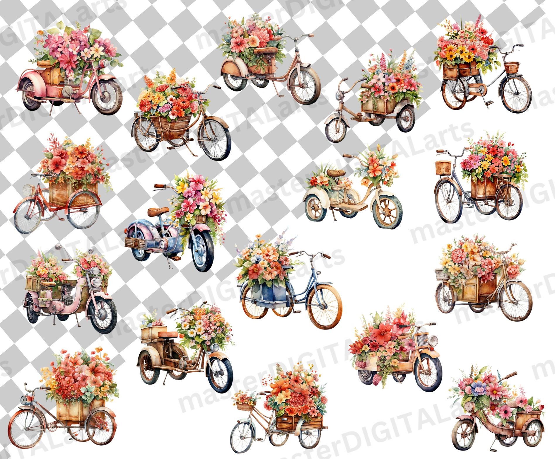 Floral Tricycle Clipart, 20 Transparent Background PNG, Scrapbooking ...