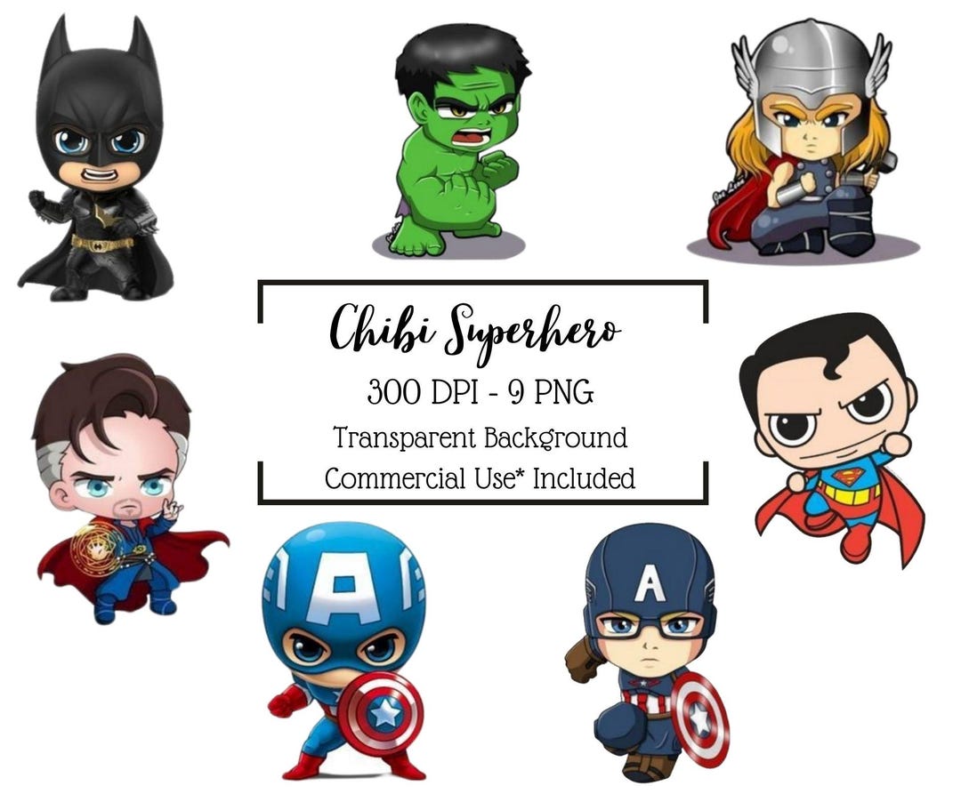 Chibi Superhero Clipart Bundle - 9 PNG Transparent Backgrounds - Cute ...