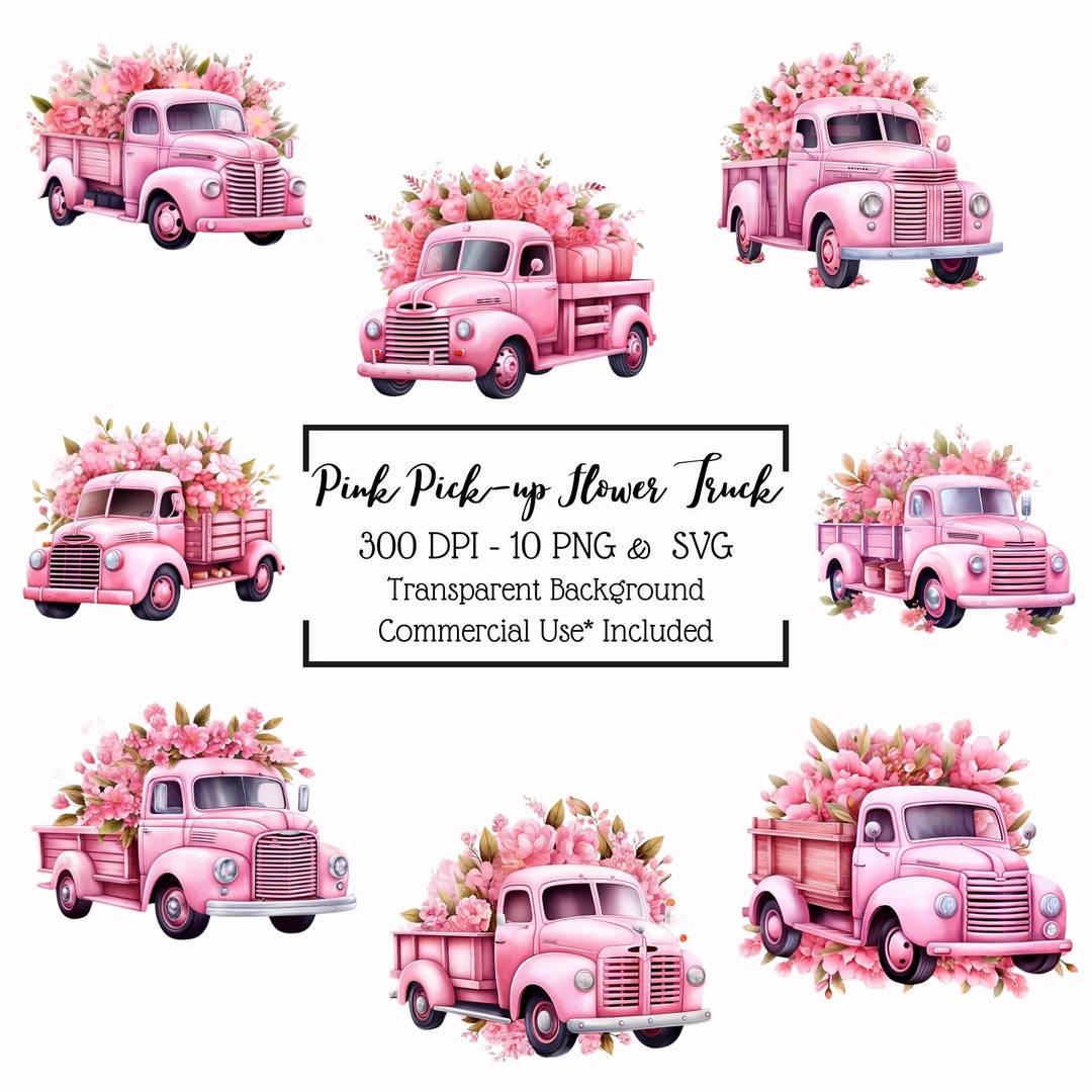Floral Pink Pickup Truck Watercolor Clipart, Transparent PNG, Digital ...