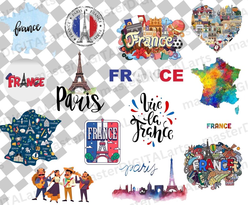 France Clipart Bundle - 15 PNG Transparent Backgrounds - Paris, Eiffel ...
