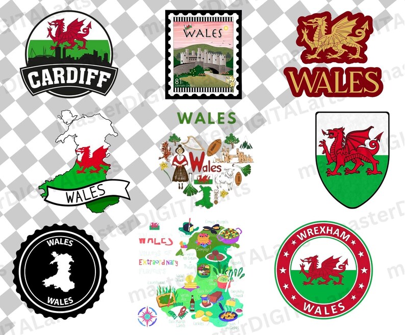Wales Clipart Bundle - 9 PNG Transparent Backgrounds - Welsh Flag ...