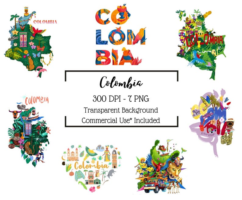 Colombia, Colombia Map Clipart Bundle - 7 PNG Transparent Backgrounds ...