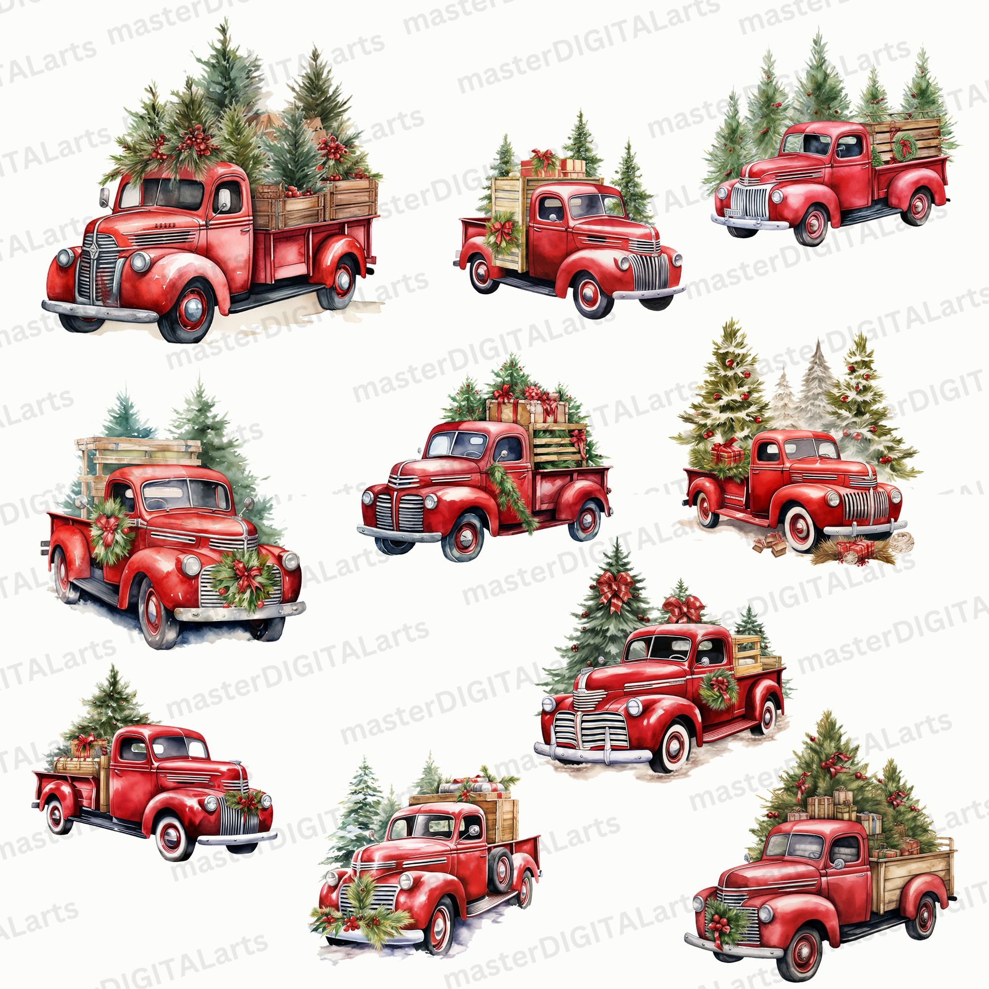 Xmas Red Truck With Trees Clipart, High Quality 15 Pngs, Watercolor ...