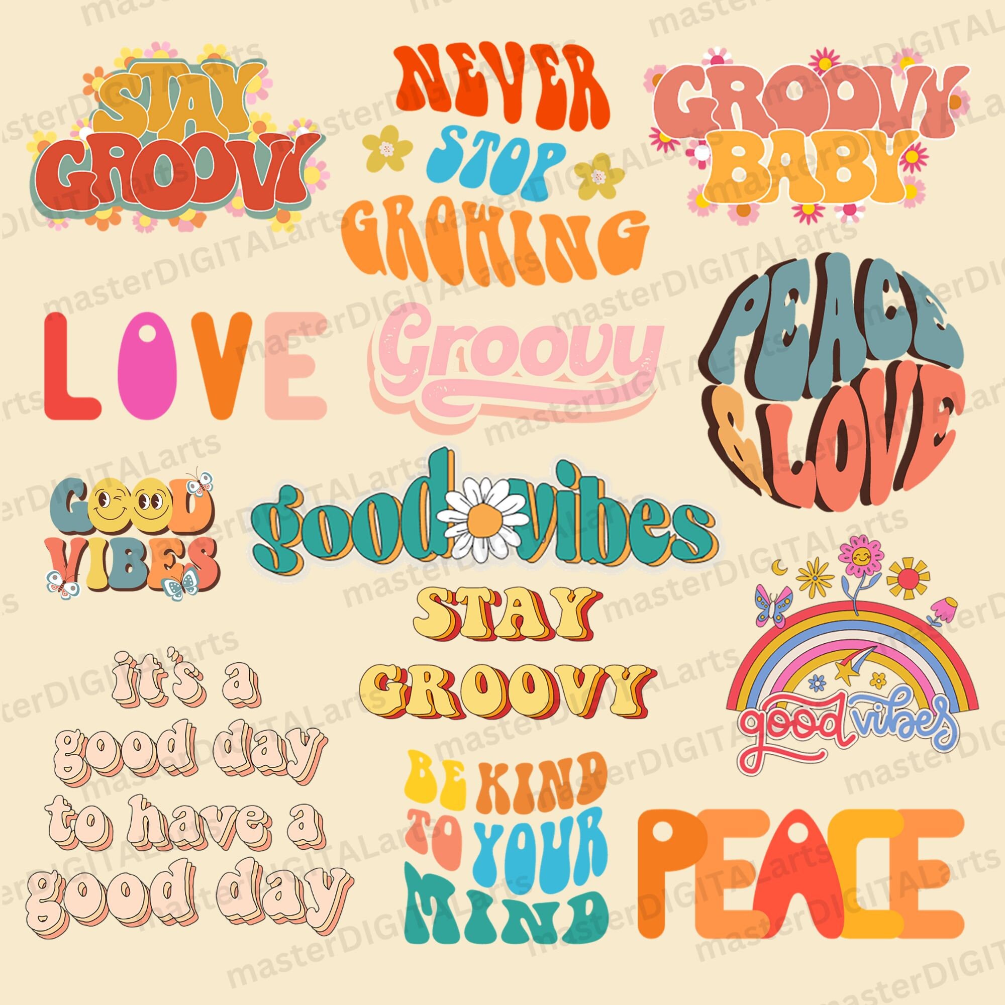 Groovy Clipart Bundle, Groovy Png Design, Retro, Hippie, Flower Power ...
