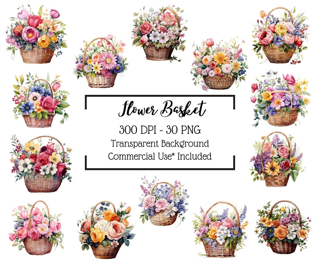 30 PNG Watercolor Flower Basket Clipart, Floral Basket Clip Art ...