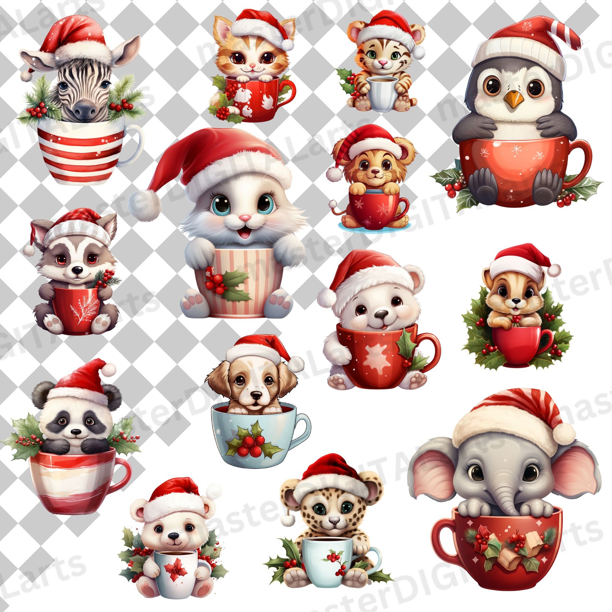 Christmas Cute Animals in a Cup Watercolor Clipart 15 PNG, Xmas Clipart ...
