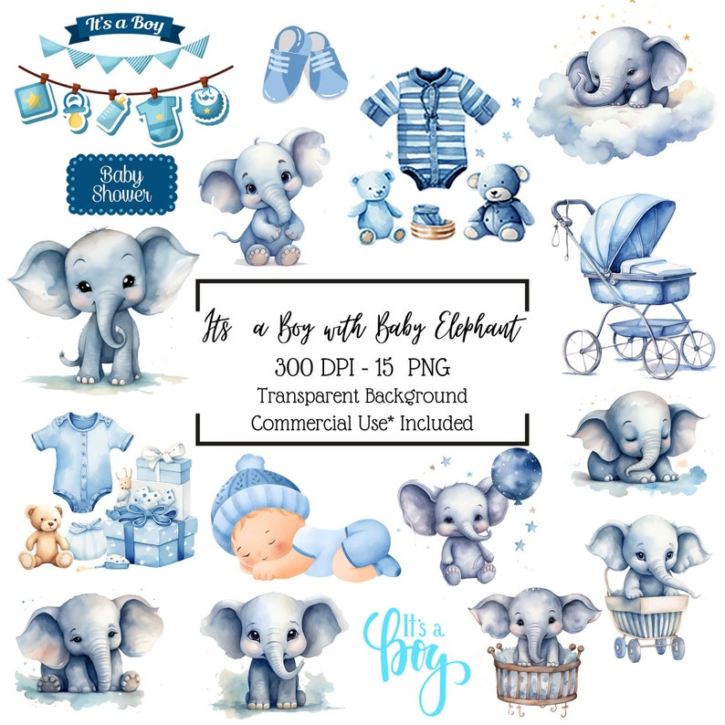 Blue Its a Boy With Baby Elephant Clipart, Watercolor Baby Elephants ...
