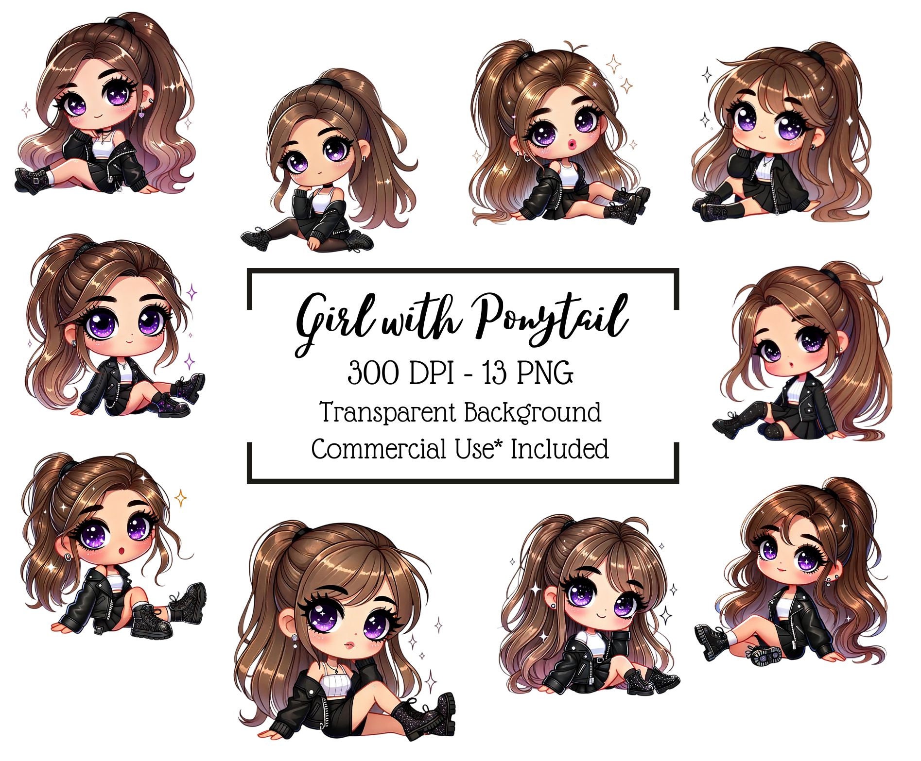 Cute Cartoon Girl With Ponytail – Digital Art Print, Clipart, Chibi Art ...