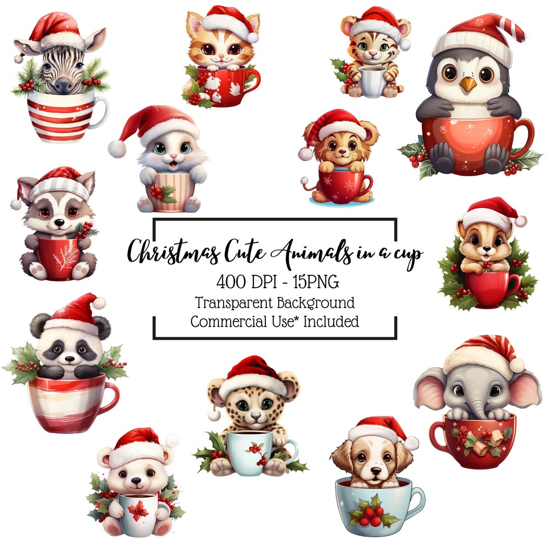 Christmas Cute Animals in a Cup Watercolor Clipart 15 PNG, Xmas Clipart ...