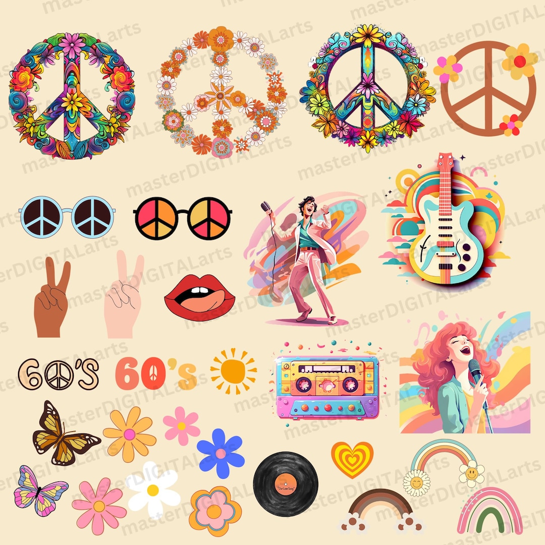 Groovy Clipart Bundle, Groovy Png Design, Retro, Hippie, Flower Power ...