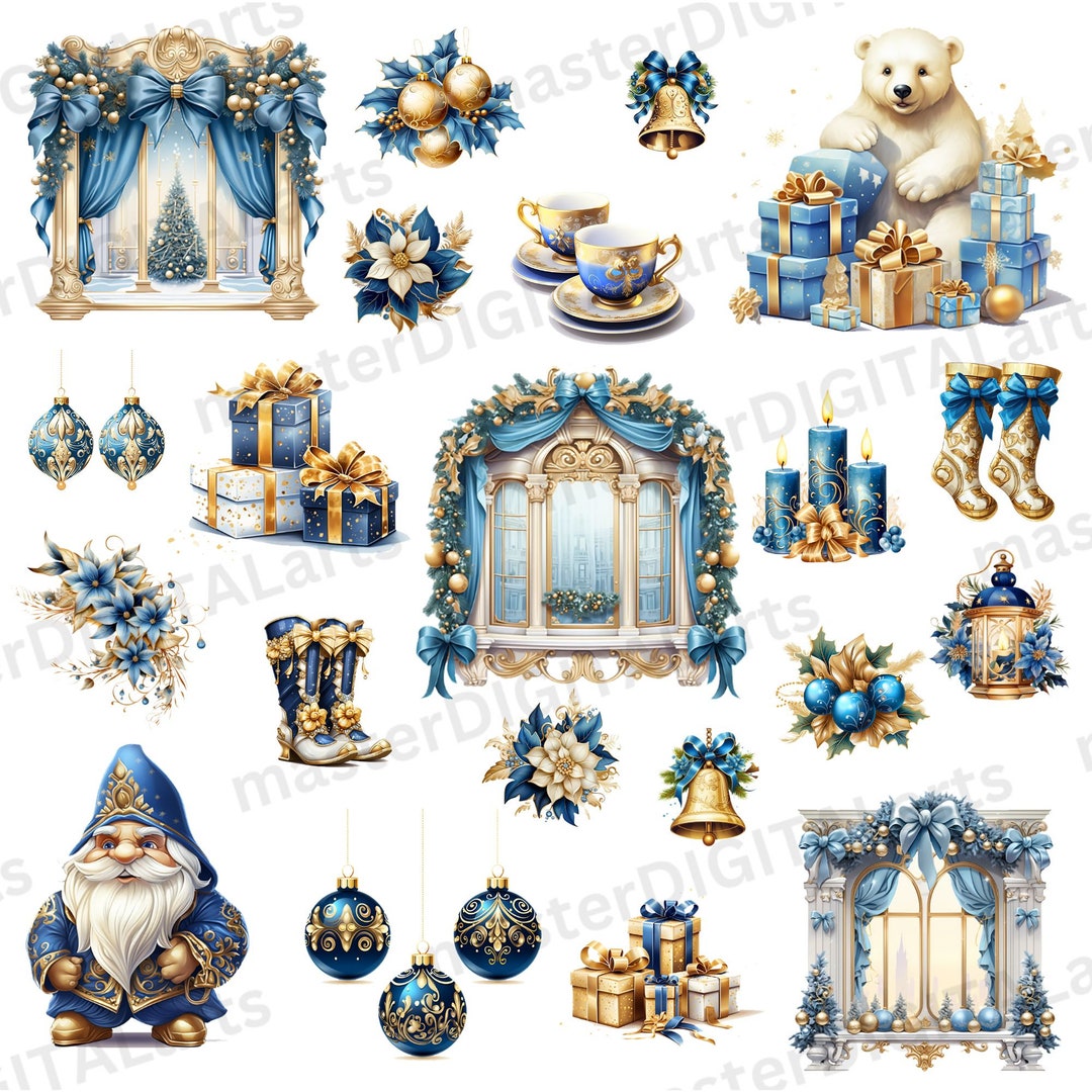 Blue and Gold Christmas Clipart Collection Blue Christmas 50 - Etsy
