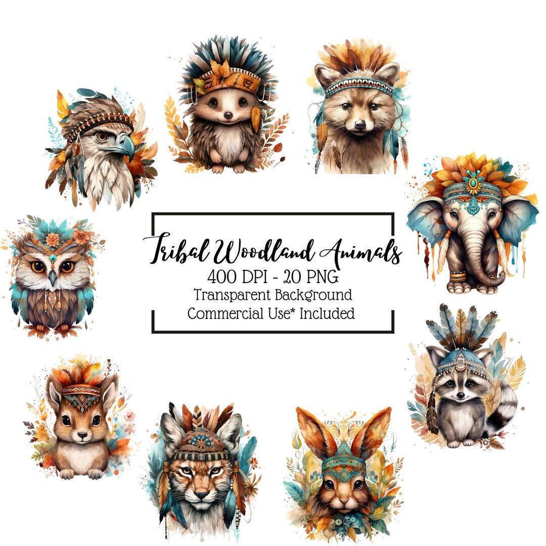 Watercolor Tribal Woodland Animals Clipart, 20high Quality PNG, Boho ...