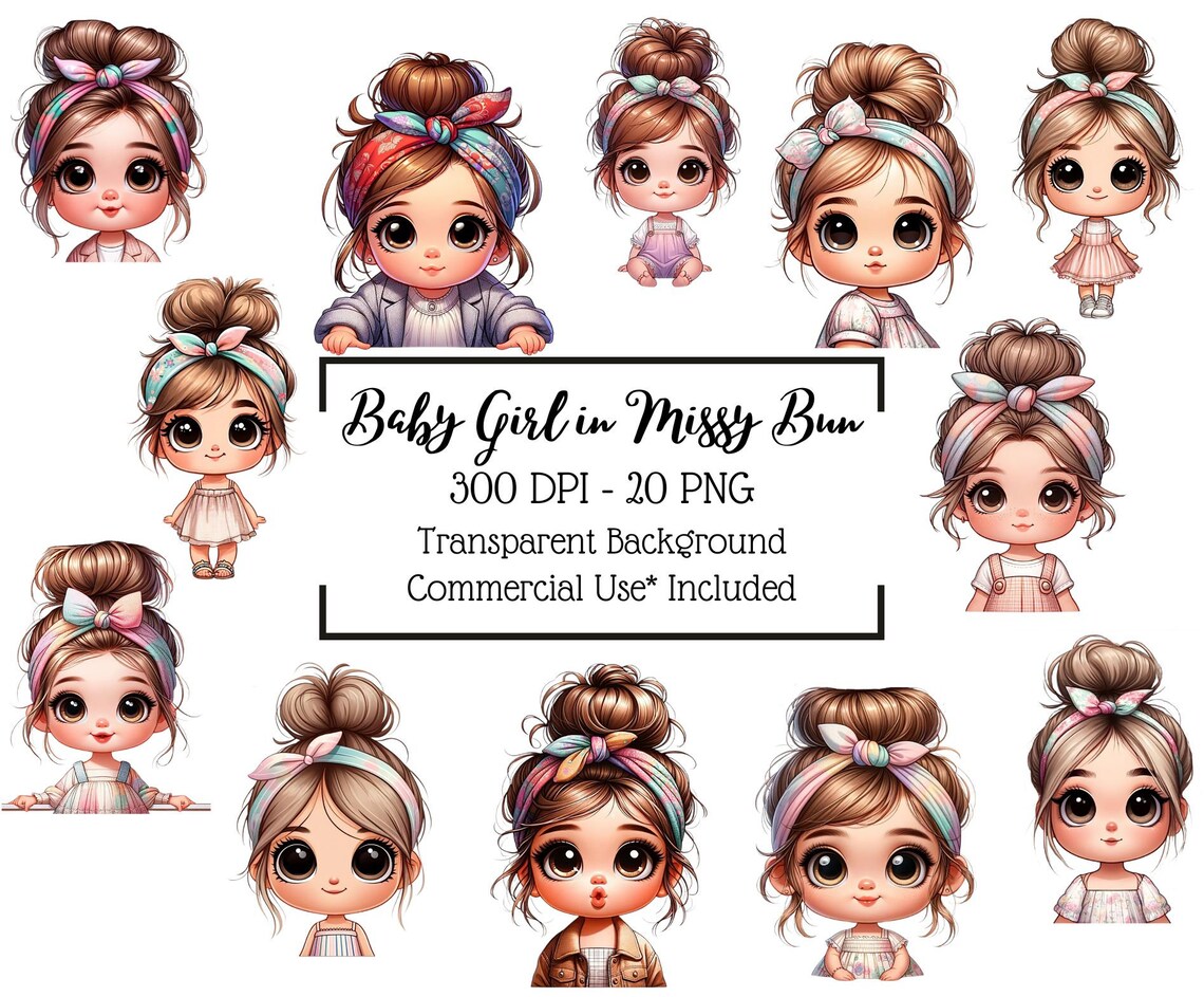 Cute Baby Girl in Messy Bun Clipart, Baby Clip Art Illustration ...