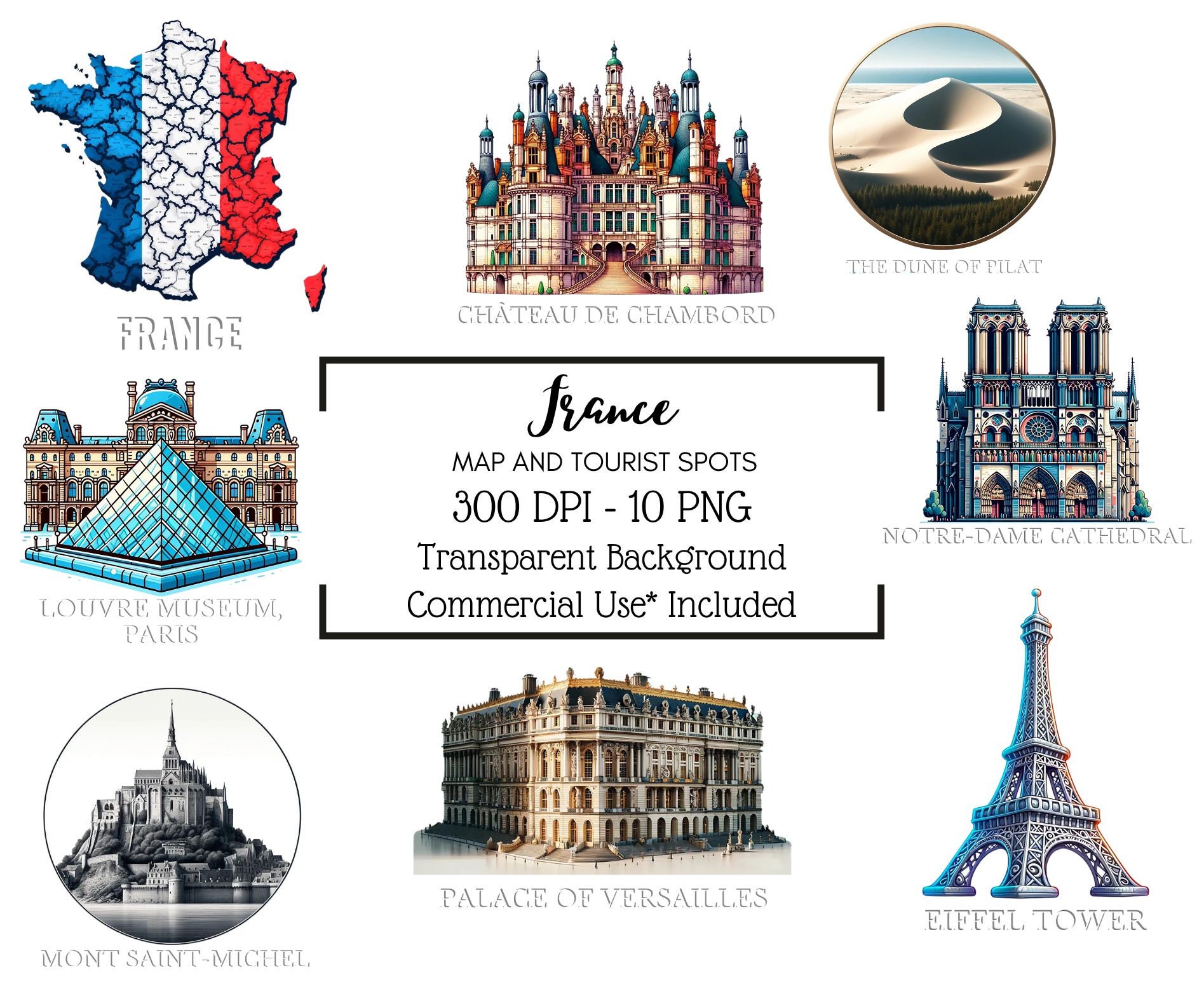 Famous Places of France, France Map, Tourist Spots, Stickers, 10 Png's ...